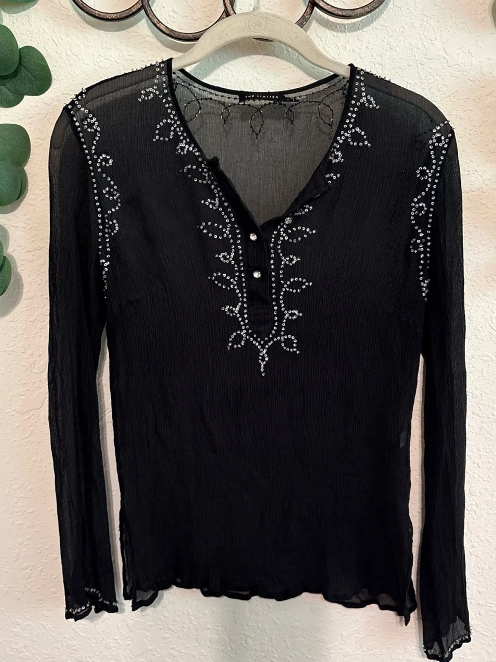 American Vintage | Tops | Vintage Y2k Black Sheer Silk Beaded ...